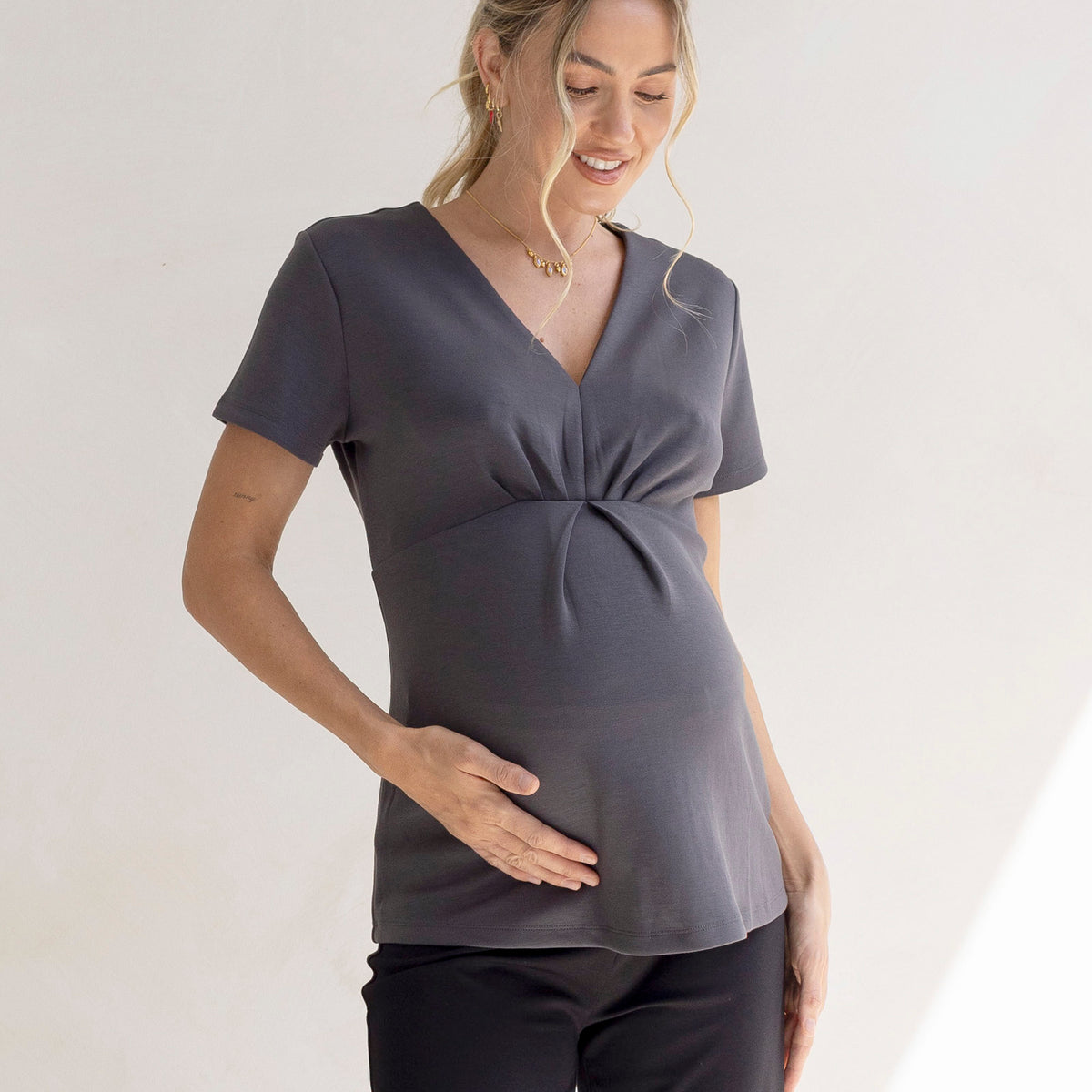 Sabine Soft Ponte Maternity V-Neck Work Top in Slate Grey – Angel ...