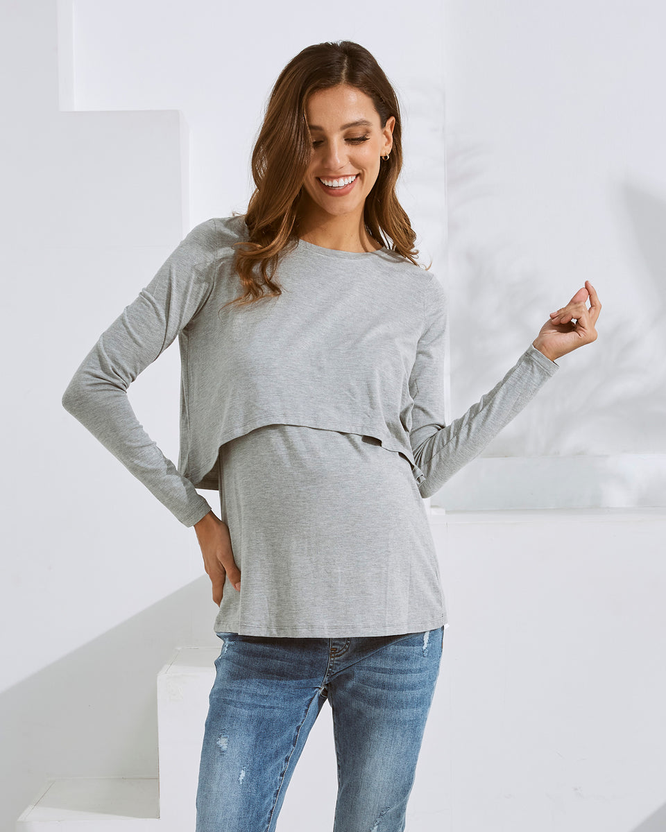 Bamboo Long Sleeve Maternity and Nursing Top - Grey Marl – Angel ...