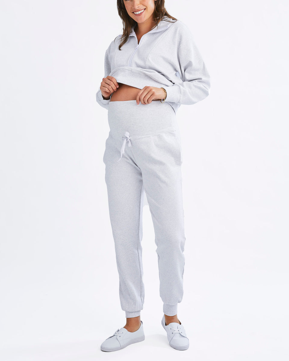 Calla Zip Front 2-piece Cotton Maternity Sweatsuit Set in Marl Grey ...