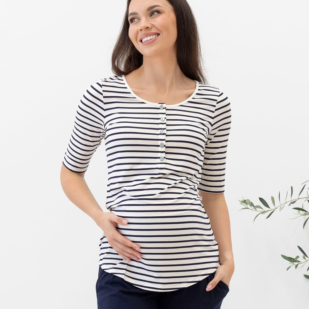 Button Front Maternity Nursing Tee - Navy Stripes – Angel Maternity USA